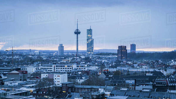 Colonius TV Tower above Cologne cityscape at dusk, Germany - Stock ...