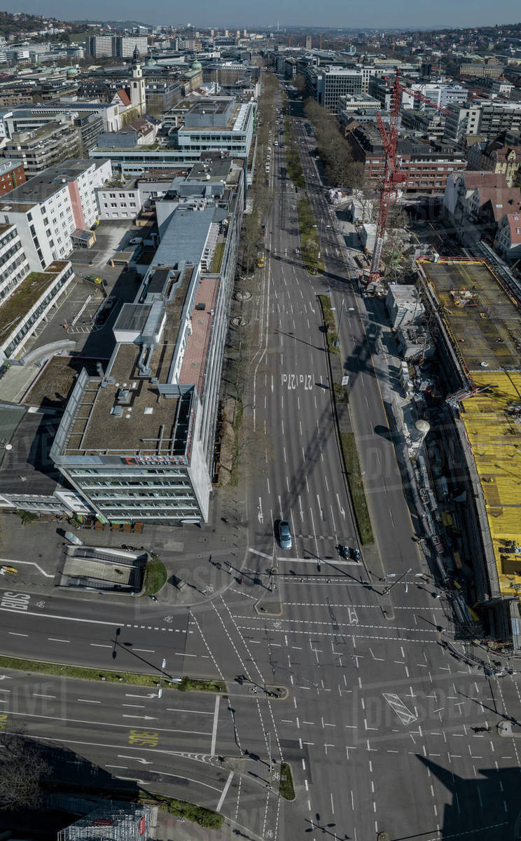 Aerial view sunny city streets, Stuttgart, Baden-Wuerttemberg, Germany ...