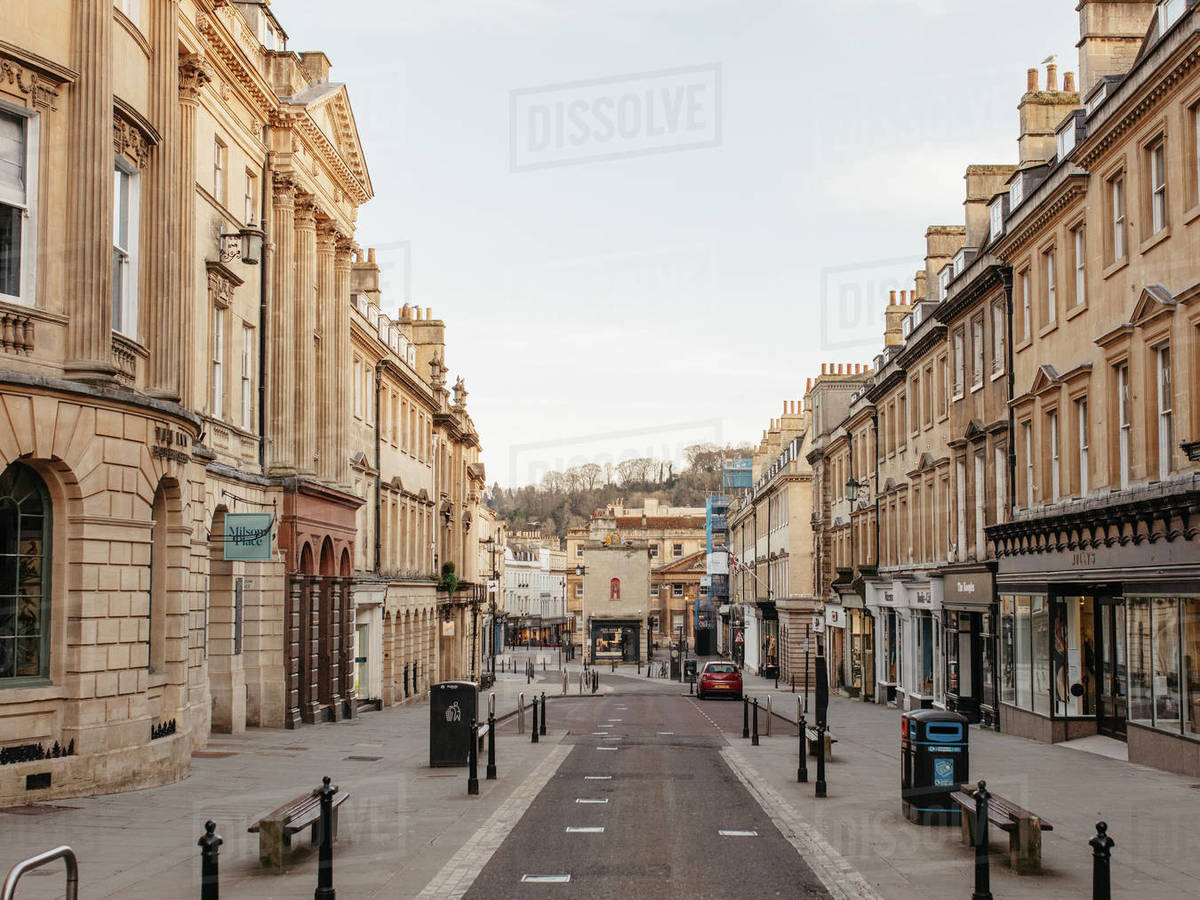 Buildings along empty main street, Bath, Somerset, UK - Royalty-free ...