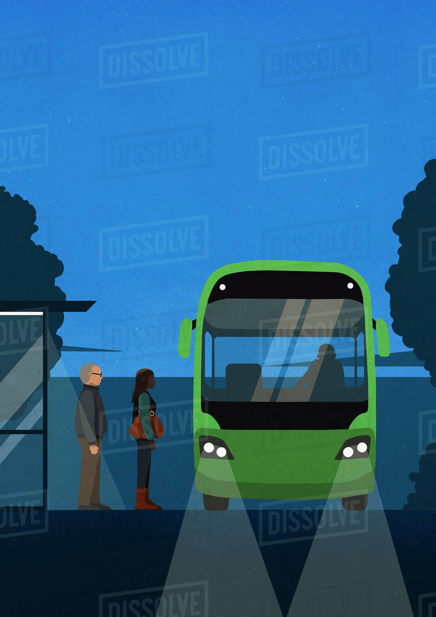 Commuters boarding public bus at night - Stock Photo - Dissolve