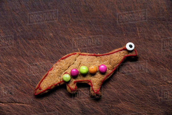 Cute decorated dinosaur gingerbread cookie - Stock Photo - Dissolve