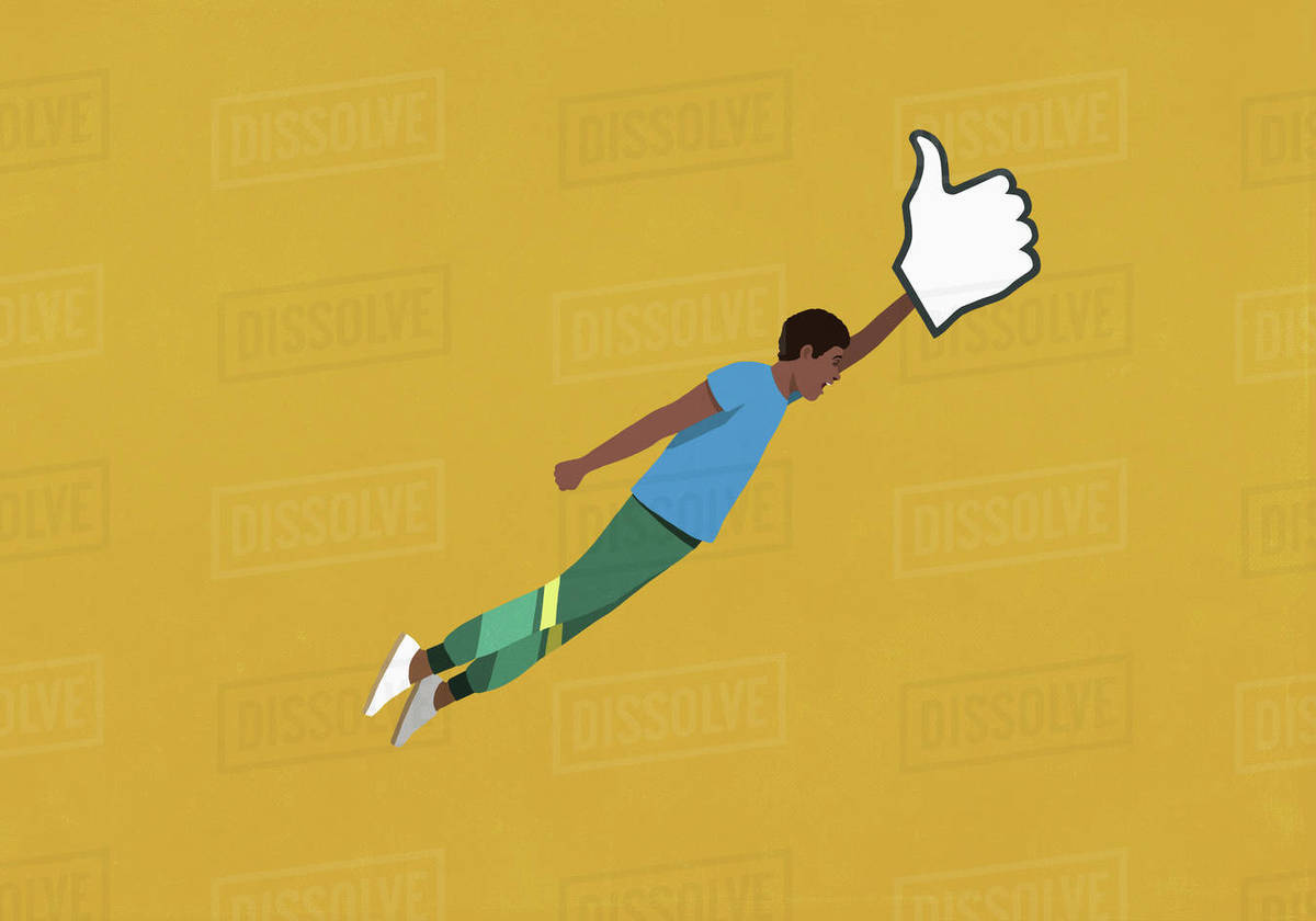 Man riding flying social media like button against yellow background ...