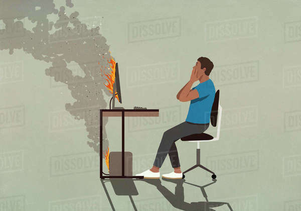 Shocked man sitting at smoking computer on fire - Royalty-free Stock ...