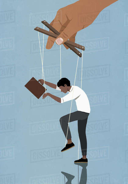 Hand controlling businessman puppet on strings - Stock Photo - Dissolve
