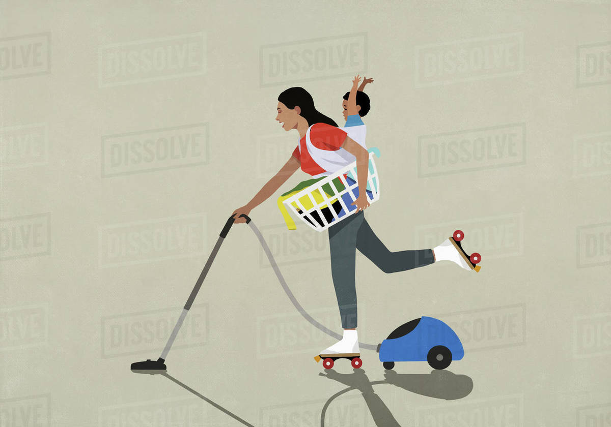 Woman in roller skates doing chores with baby on back - Royalty-free ...