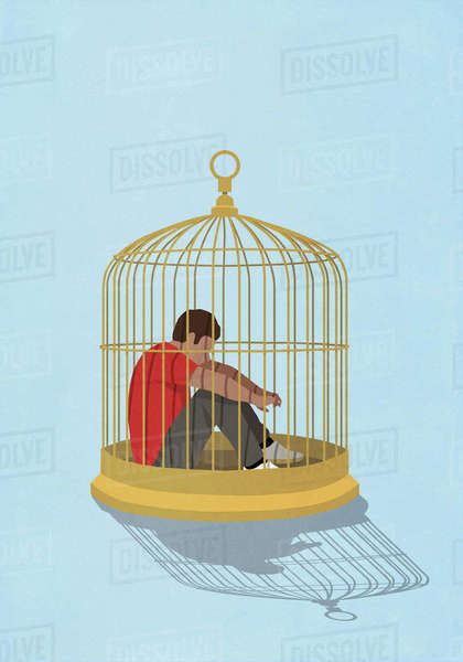 Frustrated man trapped in birdcage - Stock Photo - Dissolve