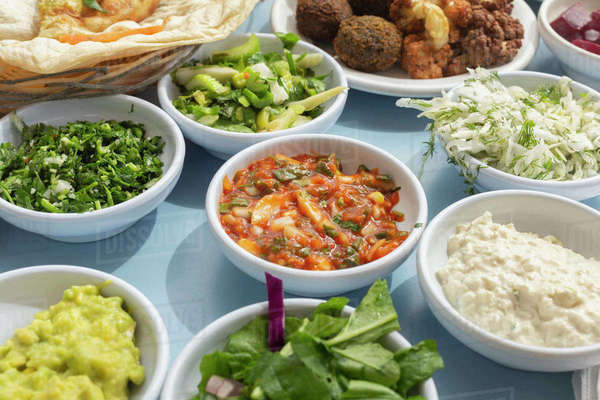 Still life variety of Israeli meze appetizers in bowls - Royalty-free ...