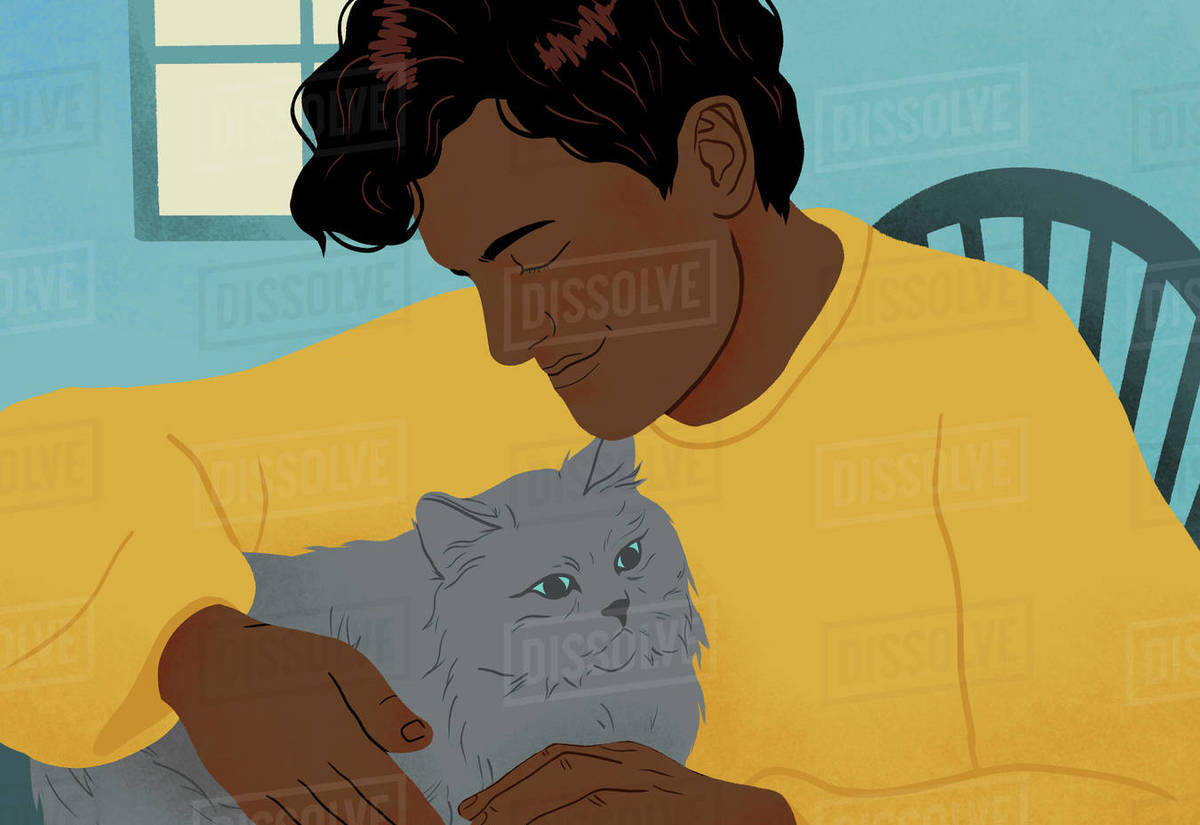 Affectionate man cuddling cat at home - Stock Photo - Dissolve