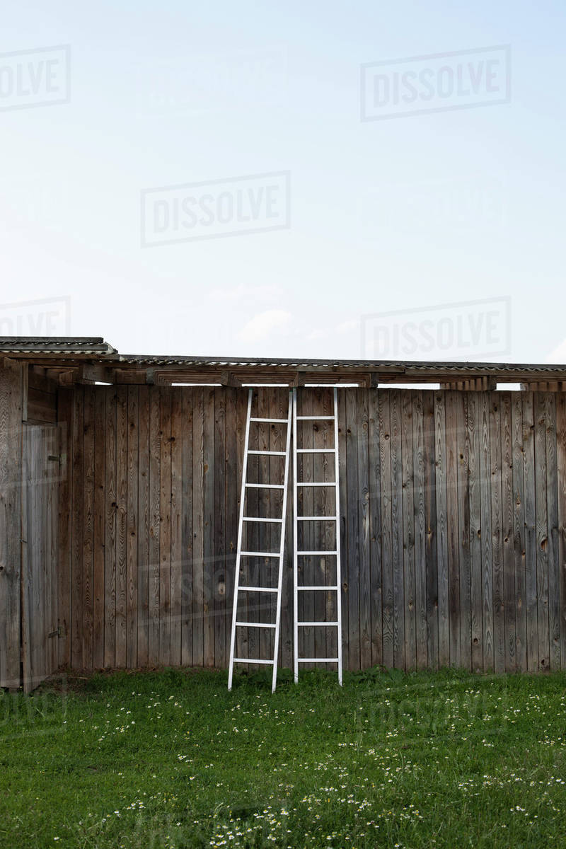 Two ladders leaning against a rustic wooden structure - Royalty-free ...