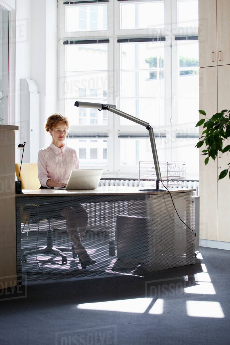 A businesswoman using a laptop in an office - Stock Photo - Dissolve